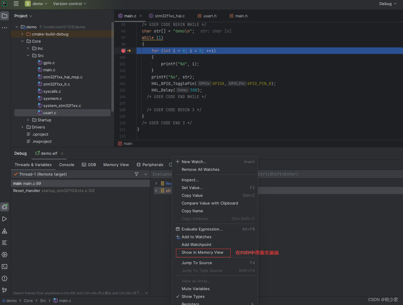 使用clion配合STM32CubeMX开发stm32(包含断点调试，查看寄存器值，printf重定向)_stm32 clion-CSDN博客