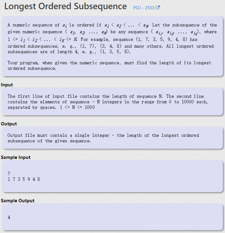 Poj百练 2533:Longest Ordered Subsequence（分类：动态规划）_百练poj-CSDN博客