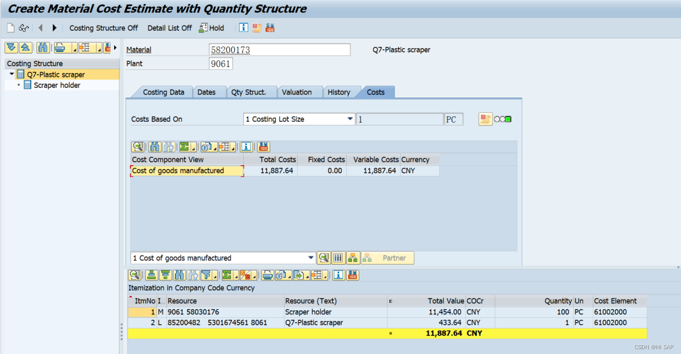 SAP CK13N Message CK869: itemization does not match cost component ...