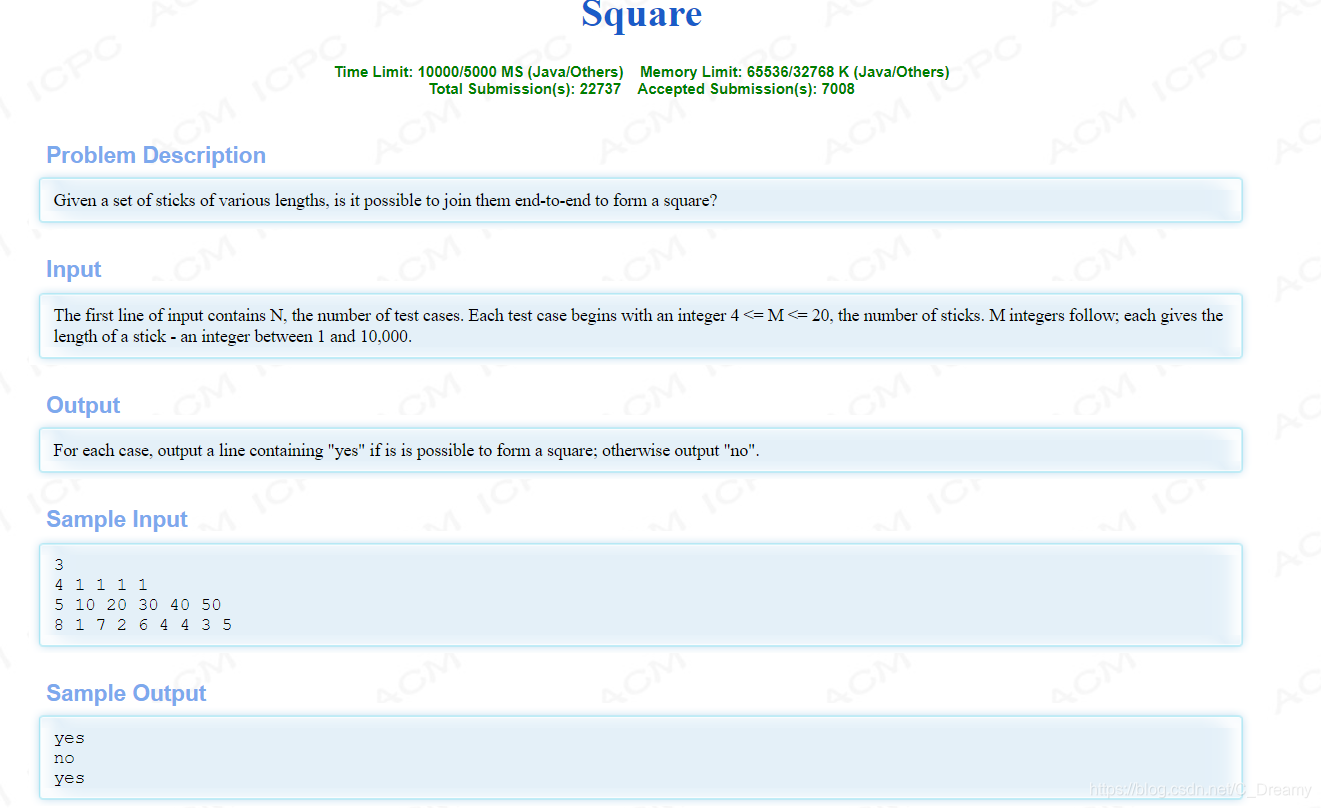POJ 2362 && HDU 1518 Square_square 题目描述 给定m根小木棍,每根木棍有各自的长度,能否把它们全部用上来围成-CSDN博客