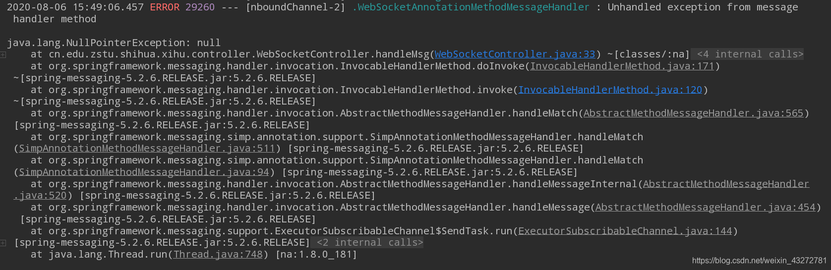 Spring Security + WebSocket——@MessageMapping中Authentication为NULL解决方案之一_unhandled exception from ...