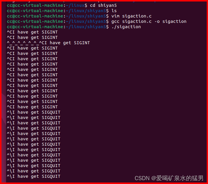Linux嵌入式操作系统-实验五 进程间通信——信号_编写sigaction.c源程序,实现如下功能: 1、a.捕获“ctrl-c”信号时,输出”i ha-CSDN博客