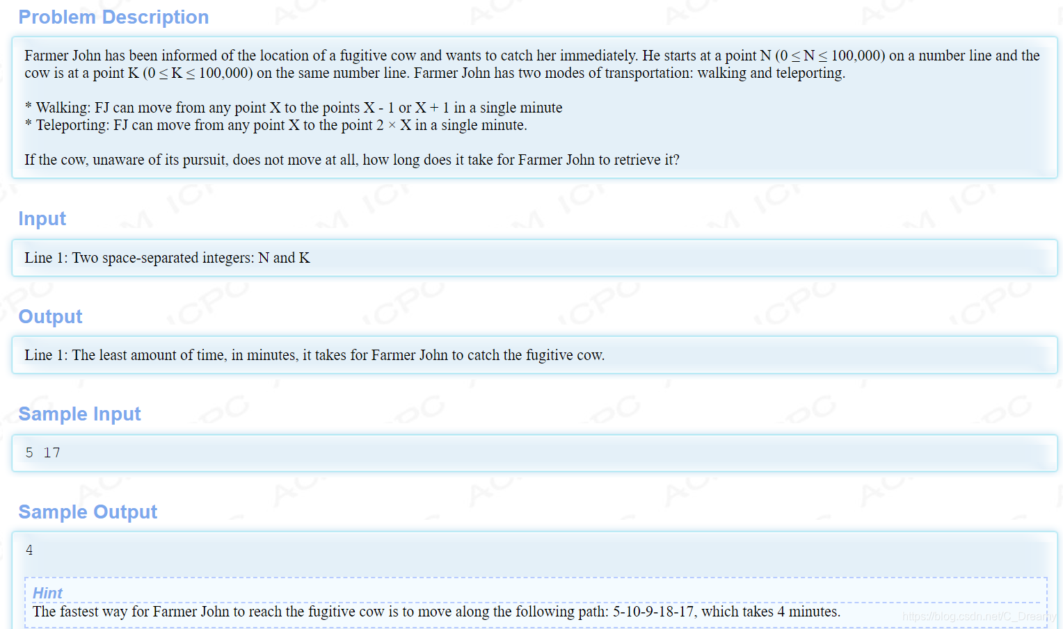 POJ 3278 / HDU 2717 Catch That Cow（简单BFS）_poj求1 2 … n-CSDN博客