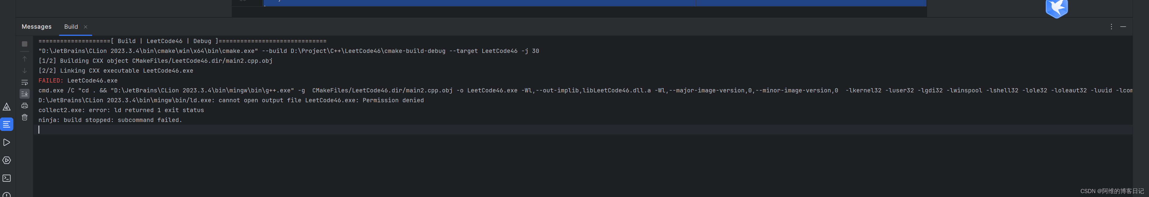 D:\JetBrains\CLion 2023.3.4\bin\mingw\bin/ld.exe: cannot open output file XXX.exe: Permission ...