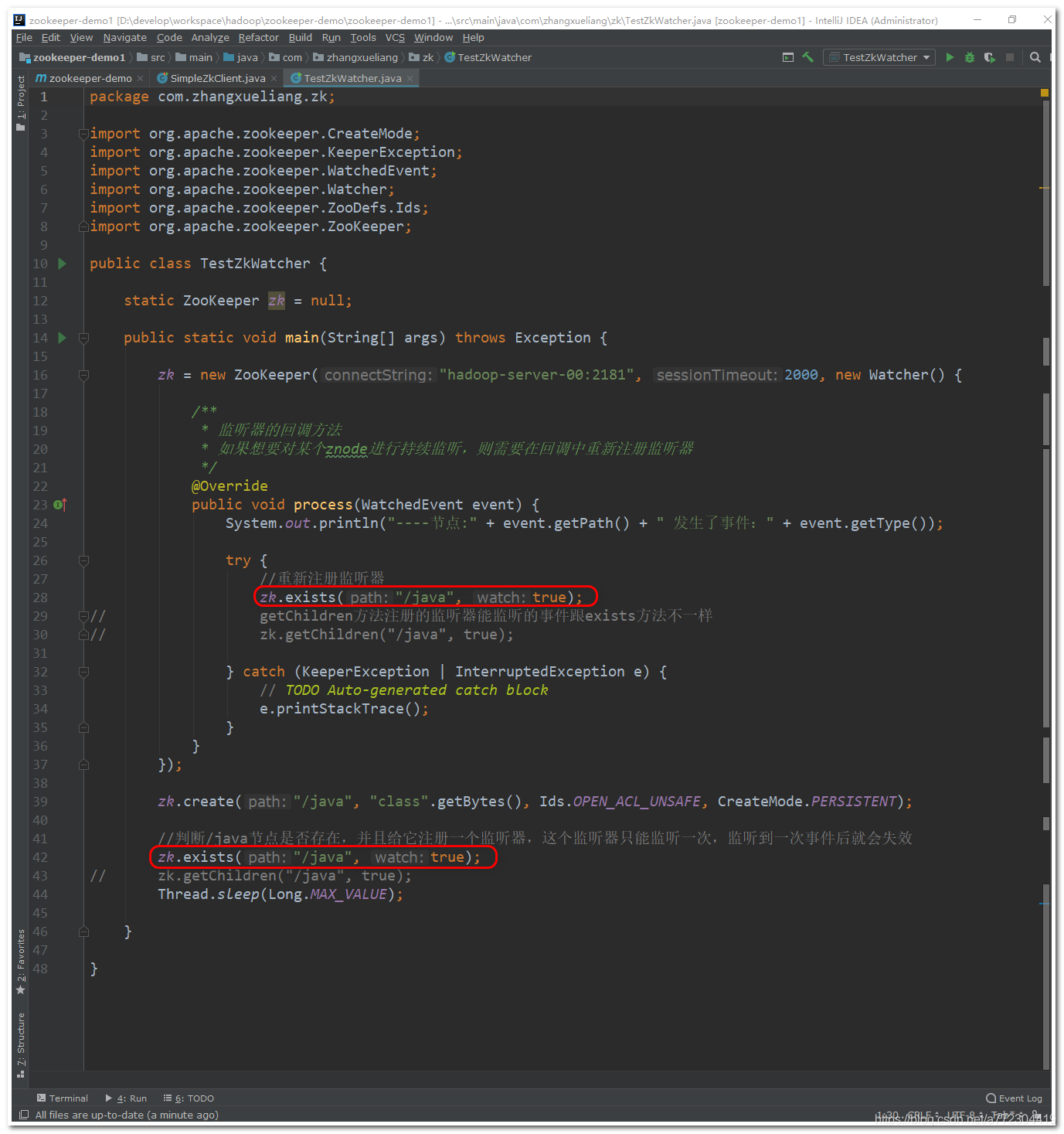 java客户端操作zookeeper：对某个节点进行持续监听代码示例_zk监听节点-CSDN博客
