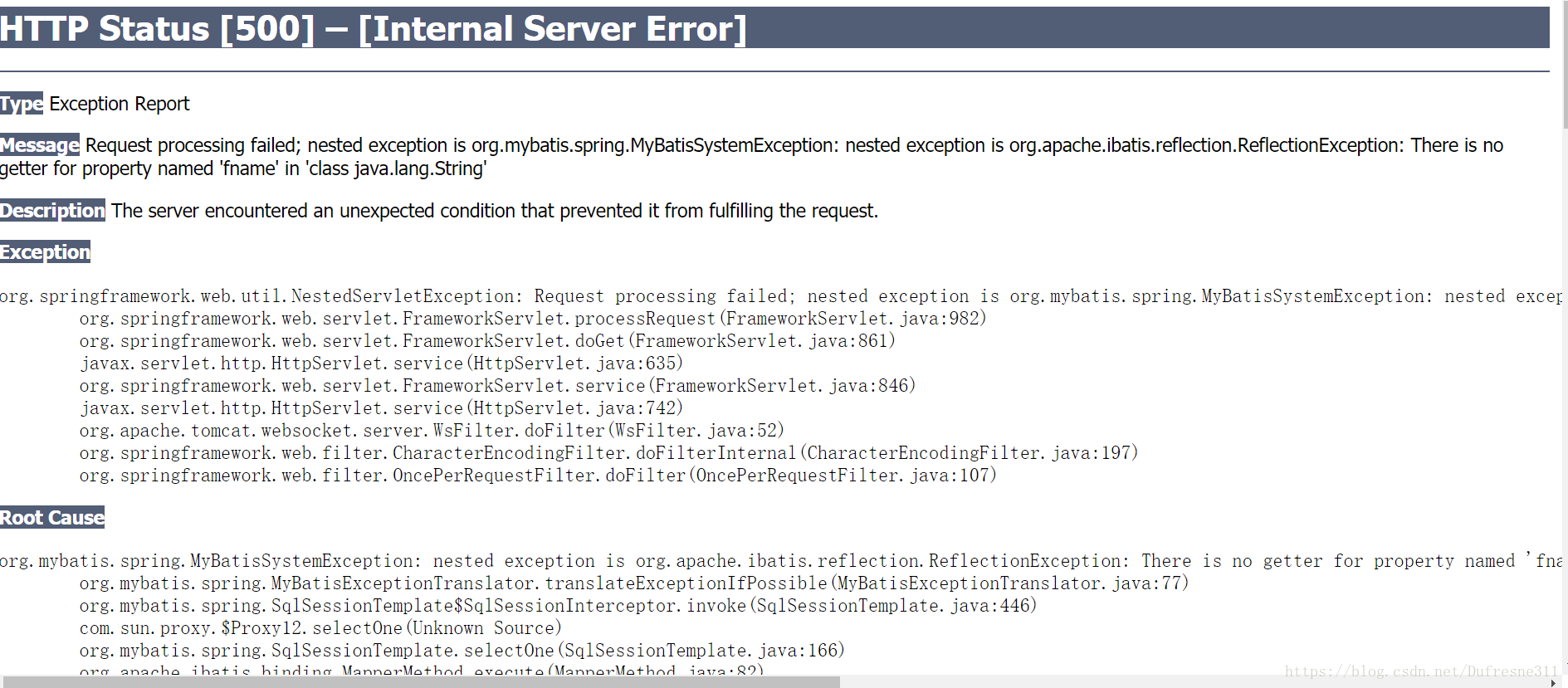ReflectionException: There is no getter for property named 'fname' in 'class java.lang.String ...