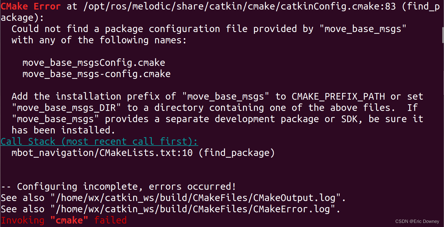 ROS出现 Could not find a package configuration file provided by “move_base_msgs“ 的 解决方法_ROS+SLAM ...