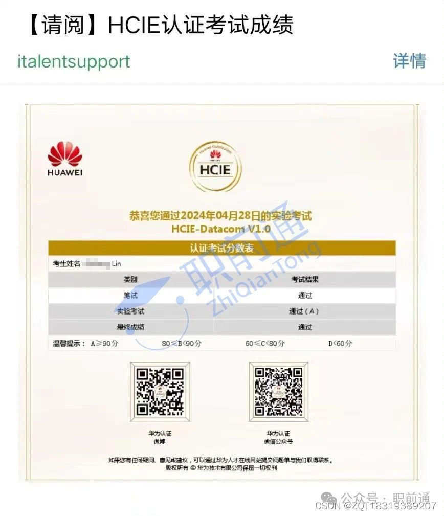 A成绩高分通过HCIE Datacom，你努力的样子最美！_hcie-datacom成绩-CSDN博客