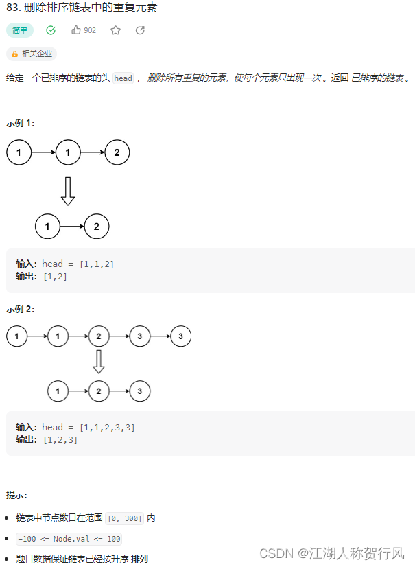 力扣 83 删除排序链表中的重复元素 Csdn博客 