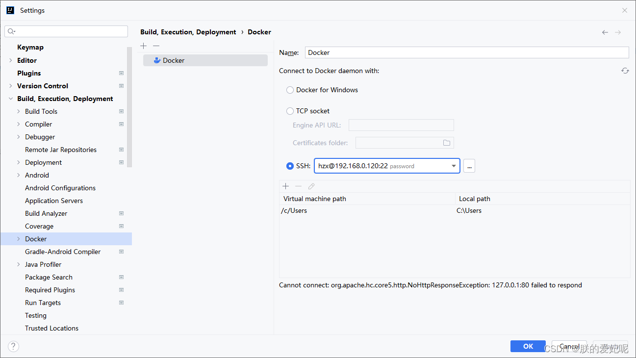 IDEA连接Docker报错 org.apache.hc.core5.http.NoHttpResponseException: 127.0.0.1:80 failed to respond ...