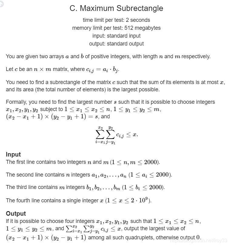 【思维】codeforces 1060 C. Maximum Subrectangle_a - maximum subrectangle-CSDN博客
