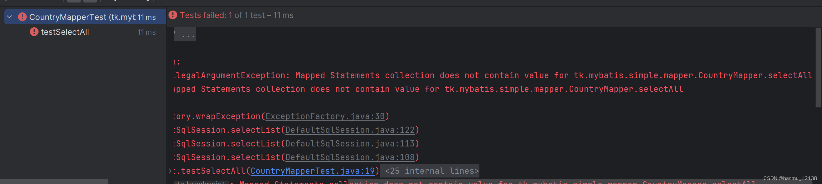 java.lang.IllegalArgumentException: Mapped Statements collection does not contain value for tk ...