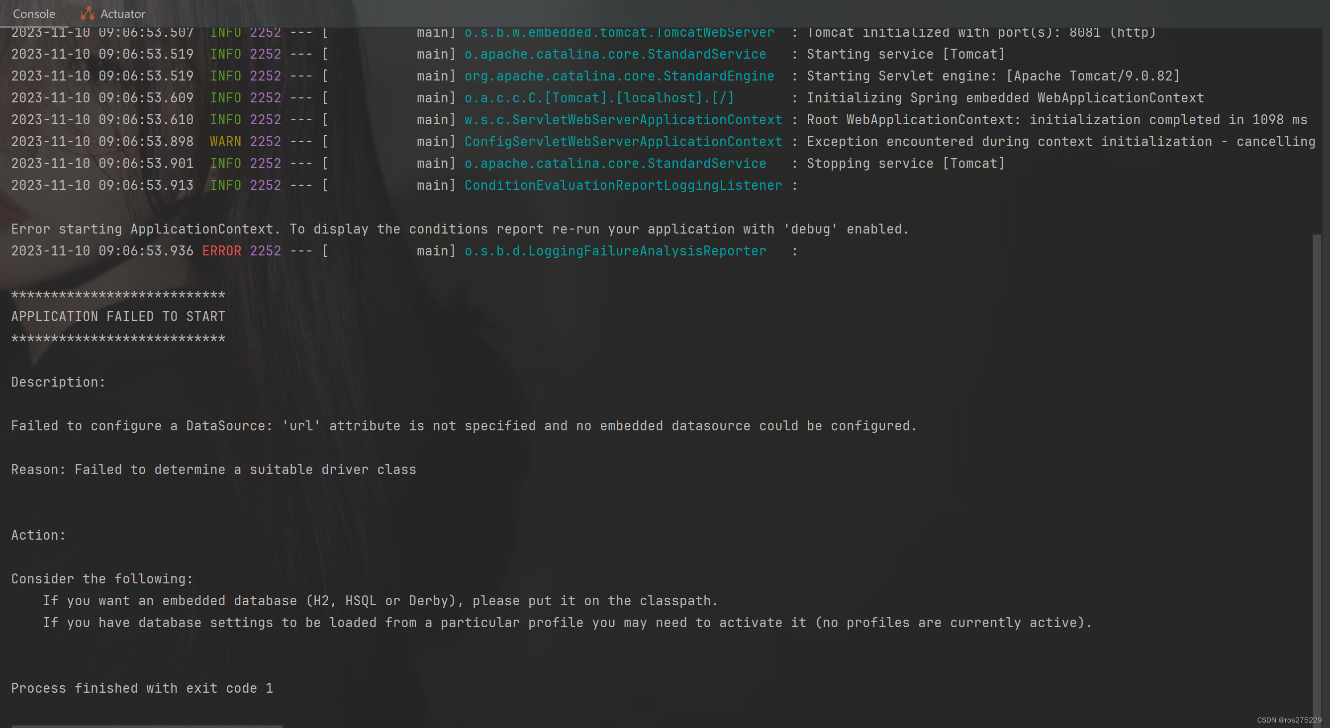 Description:Failed to configure a DataSource: ‘url‘ attribute is not specified and no embedded ...