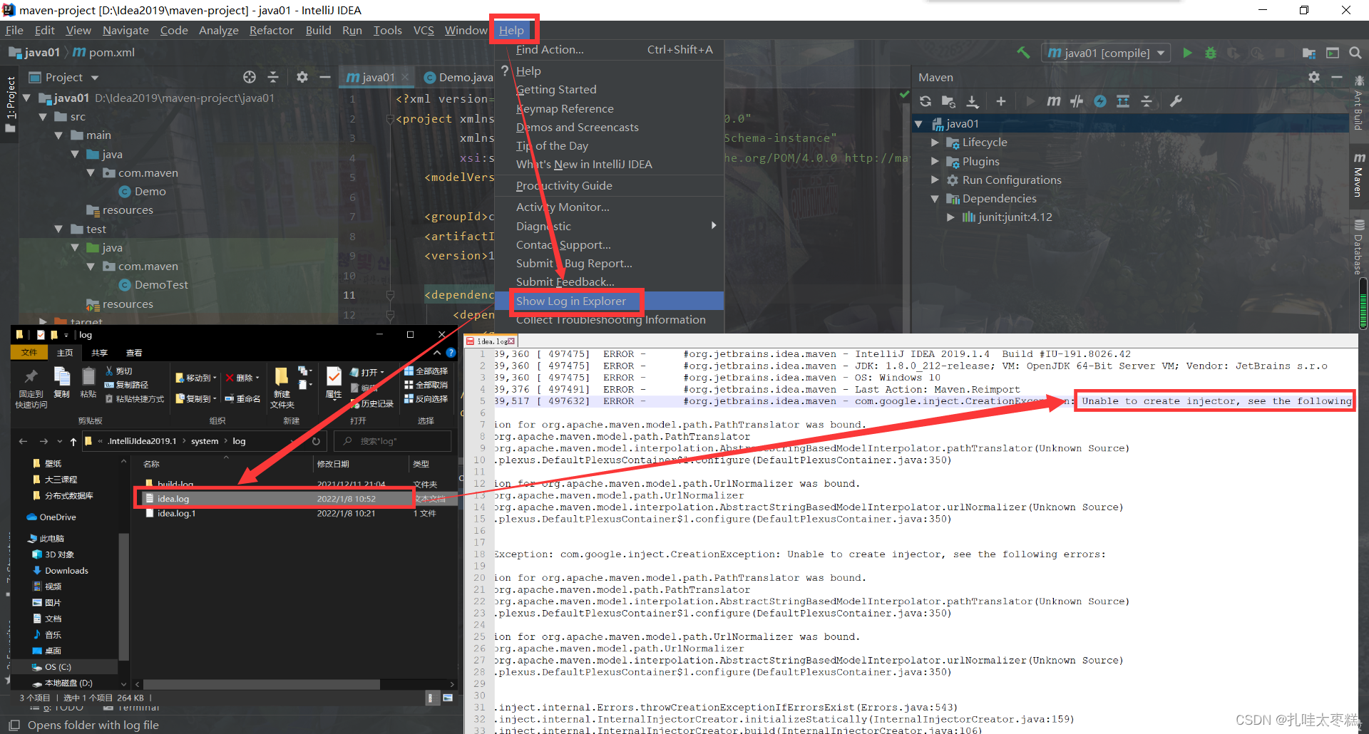 控制台：Unable to import maven project: See logs for details日志：Unable to create injector, see the ...