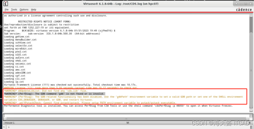 ic618 virtuoso在centos8.5.2111启动时 virtuoso: *WARNING* (PerfDiag): The ...