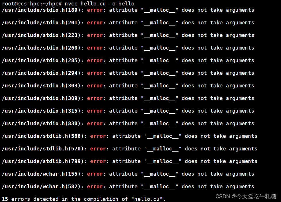 解决在Linux上nvcc编译.cu报错/usr/include/stdio.h(189): error: attribute “__malloc__“ does not take ...