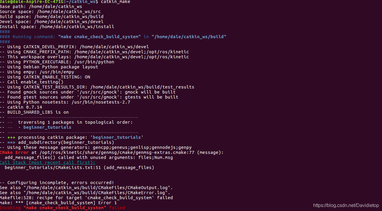 在catkin_make install中出现Invoking "make cmake_check_build_system" failed，Invoking "make -j4 -l4 ...