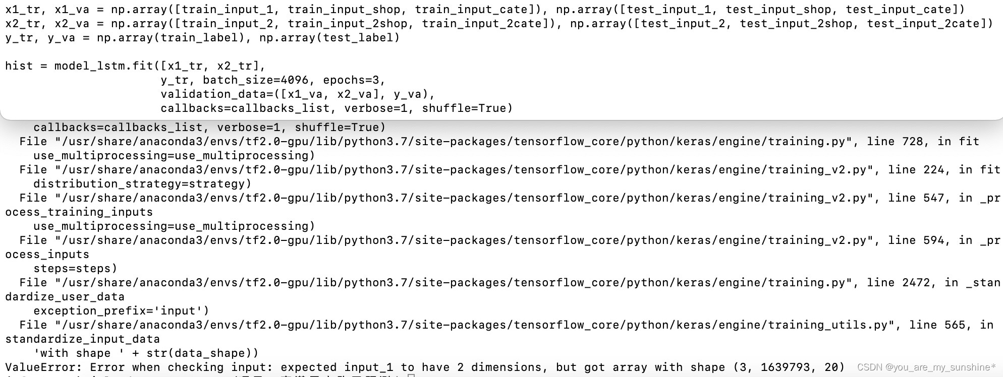 Error when checking input: expected input_1 to have 2 dimensions, but got array with shape (3, 6 ...
