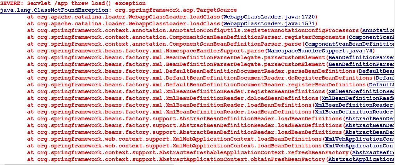 java.lang.ClassNotFoundException: org.springframework.aop.TargetSource_error: package org ...