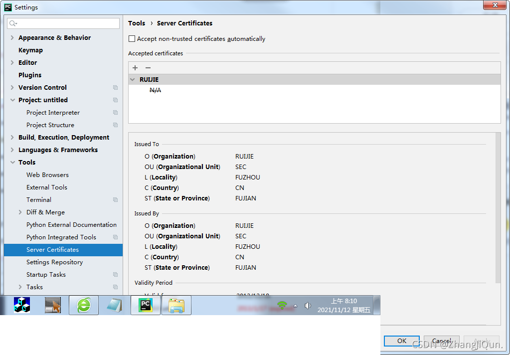 idea pycharm 弹出Server‘s certificate is not trusted_pycharm不可信服务器的证书接收还是拒绝-CSDN博客