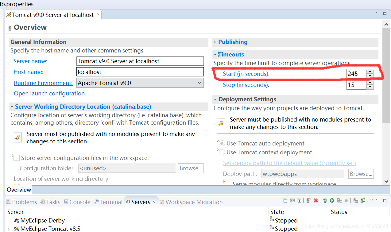 解决Server Tomcat v7.0 / Tomcat v9.0 Server at localhost was unable to start within 45 seconds ...