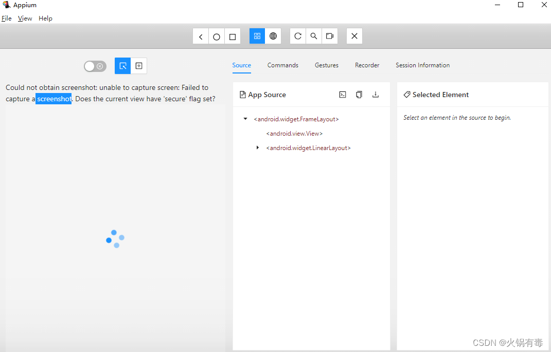 Inspector连接手机报Could not obtain screenshot: unable to capture screen ...