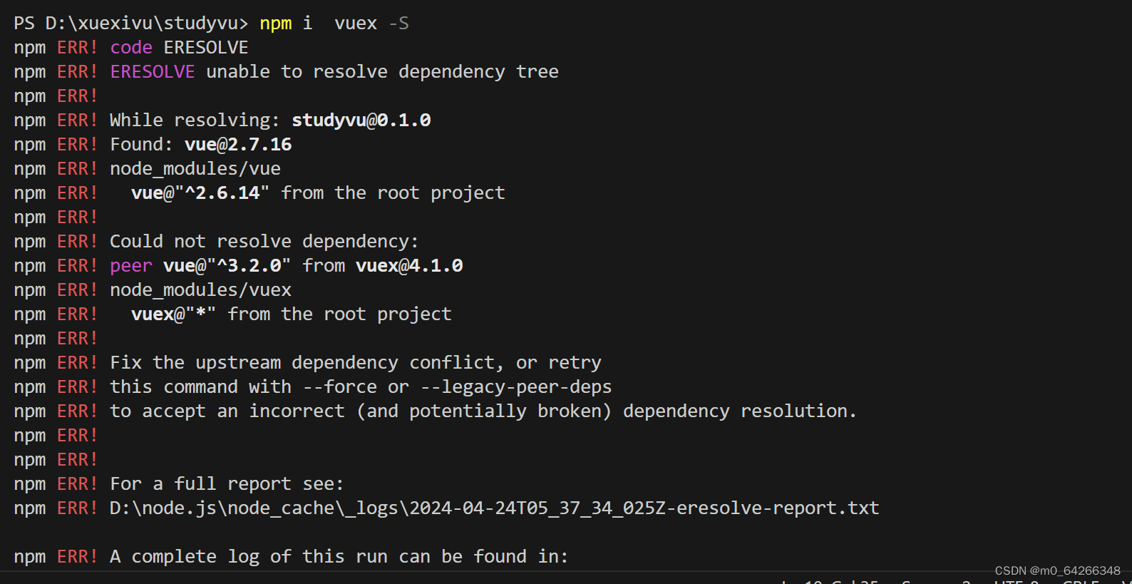 前端Vue安装Vuex安装失败：unable to resolve dependency tree_安装vuex报错-CSDN博客