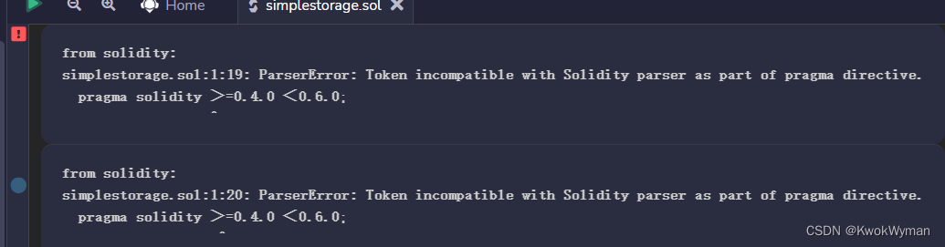 from solidity: simplestorage.sol:1:19: ParserError: Token incompatible with Solidity parser as ...