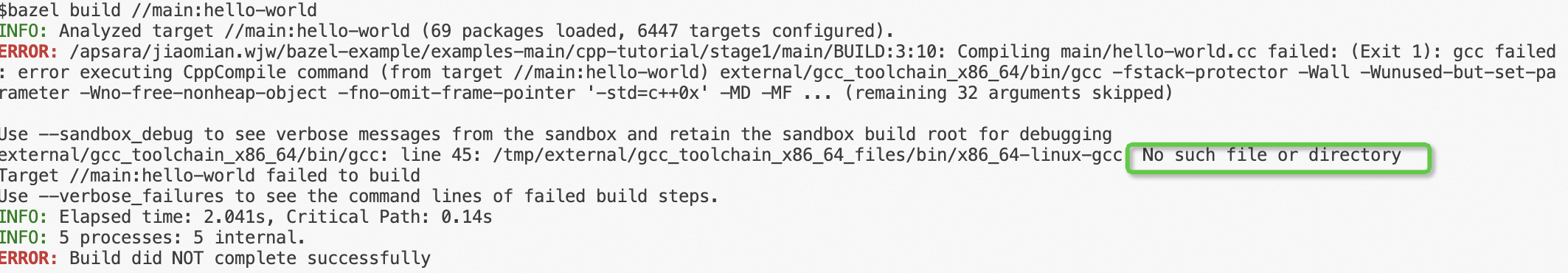 Bazel 报错：/tmp/external/gcc_toolchain_x86_64_files/bin/x86_64-linux-gcc: No such file or ...