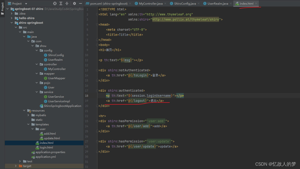 SpingBoot的Shiro整合thymeleaf，根据权限显示页面_thymleaf根据权限选择菜单并展示第一个界面-CSDN博客