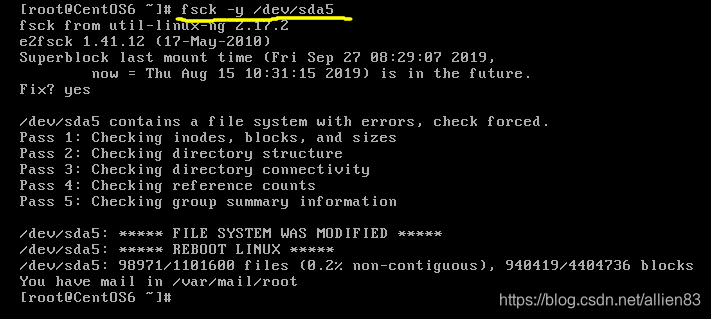 Linux中修改时间后报错：/dev/sda5:UNEXPECTED INCONSISTENCY;RUN fsck MANUALLY._inconsistency; run fsck ...