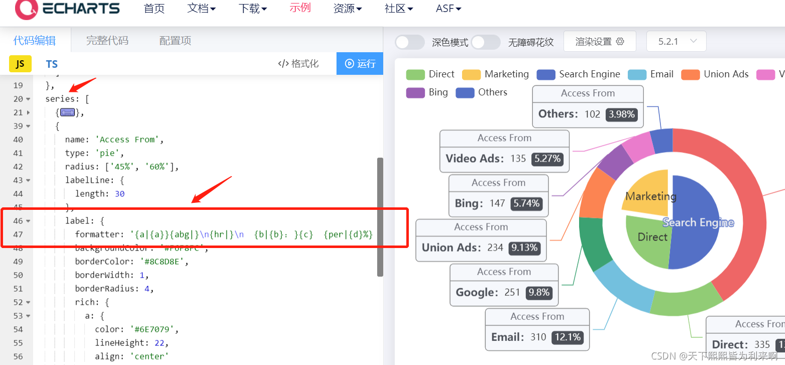 echarts踩坑：echarts series label formatte 不显示（关于Echarts中formatter实现动态数据的方法）_echarts series ...