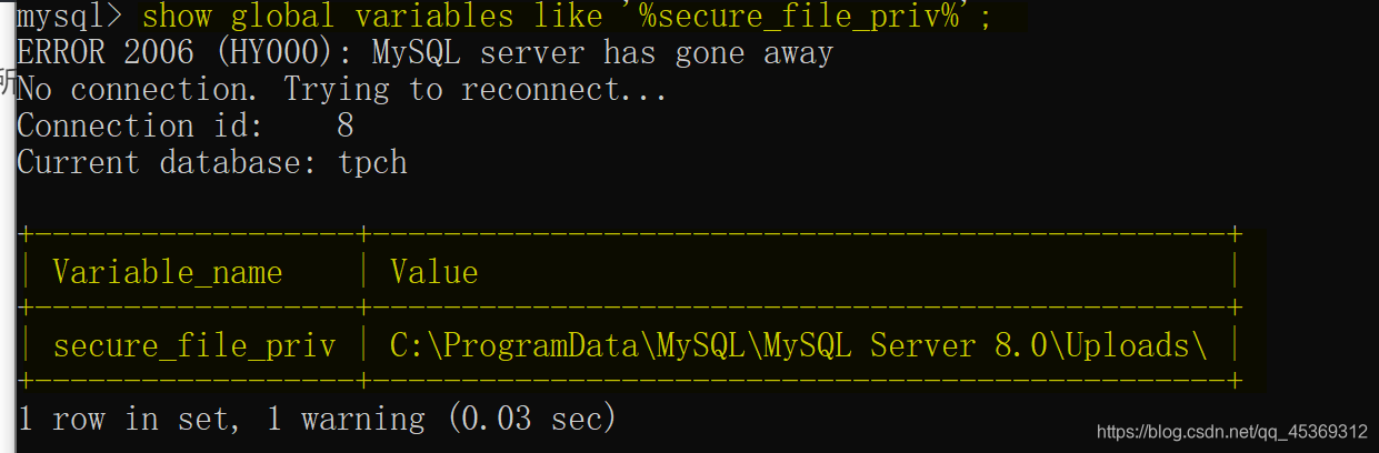 mysql 报错：ERROR 1290 (HY000): The MySQL server is running with the --secure-file-priv option so ...