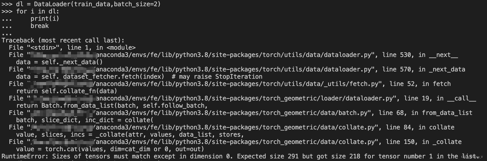 Pytorch_Geometric（PyG）使用DataLoader报错RuntimeError: Sizes of tensors must match except in ...