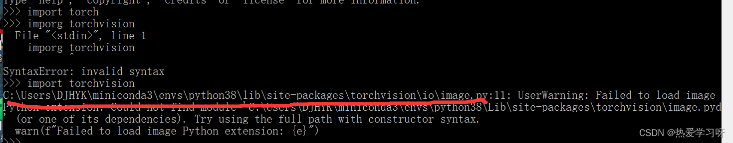 import torch不出错，但是import torchvision报错：UserWarning: Failed to load image Python extension: Could ...