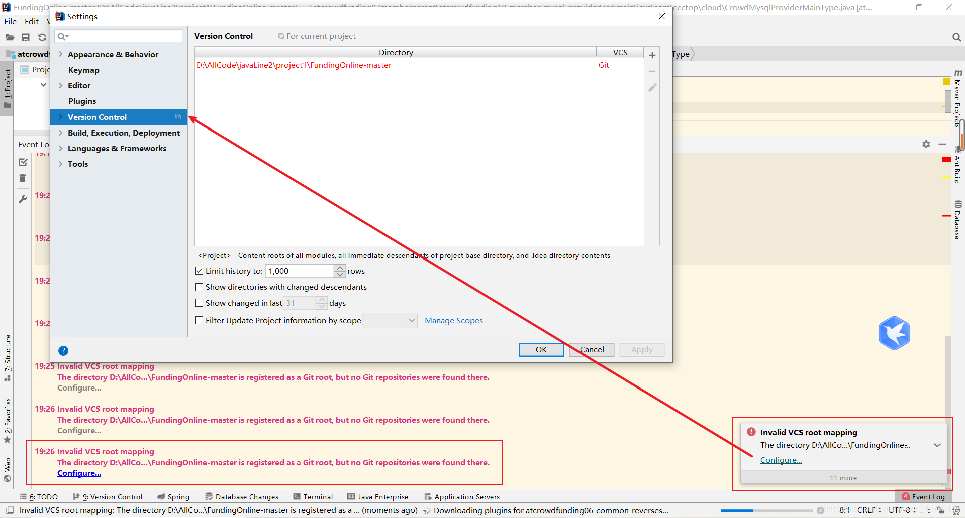 Invalid VCS root mapping The directory D:\AllCo…\FundingOnline-master is registered as a Git roo ...