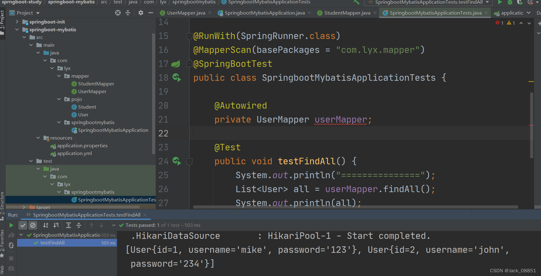 SpringBoot整合Mybatis 出现爆红以及“ Could not autowire. No beans of ‘UserMapper‘ type found ...