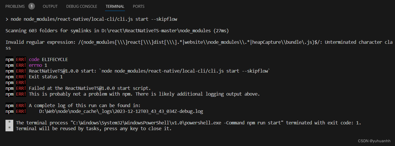 拉取的react项目运行报错ReactNativeTS@1.0.0 start: `node node_modules/react-native/local-cli/cli.js start ...