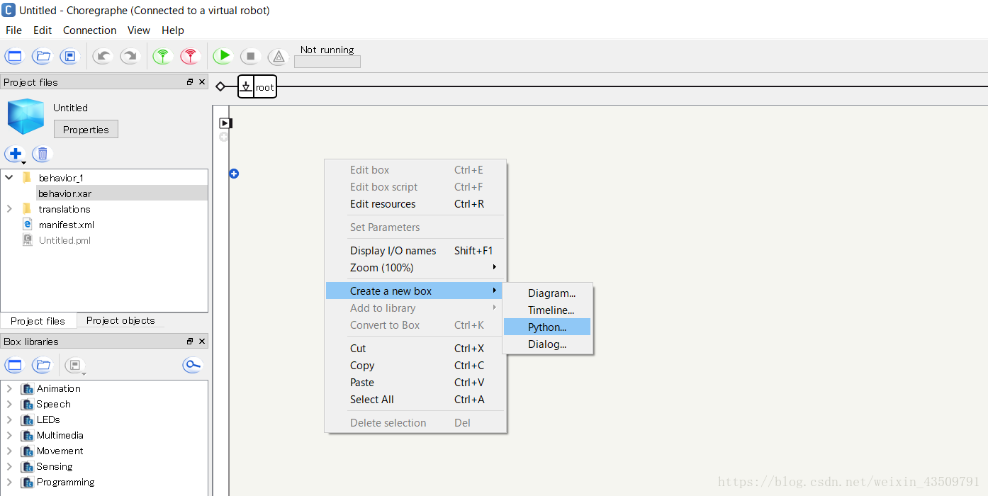Pepper/Nao中级教程：第三章 如何在Choregraphe中新建Python指令盒_choregraphe调用python-CSDN博客