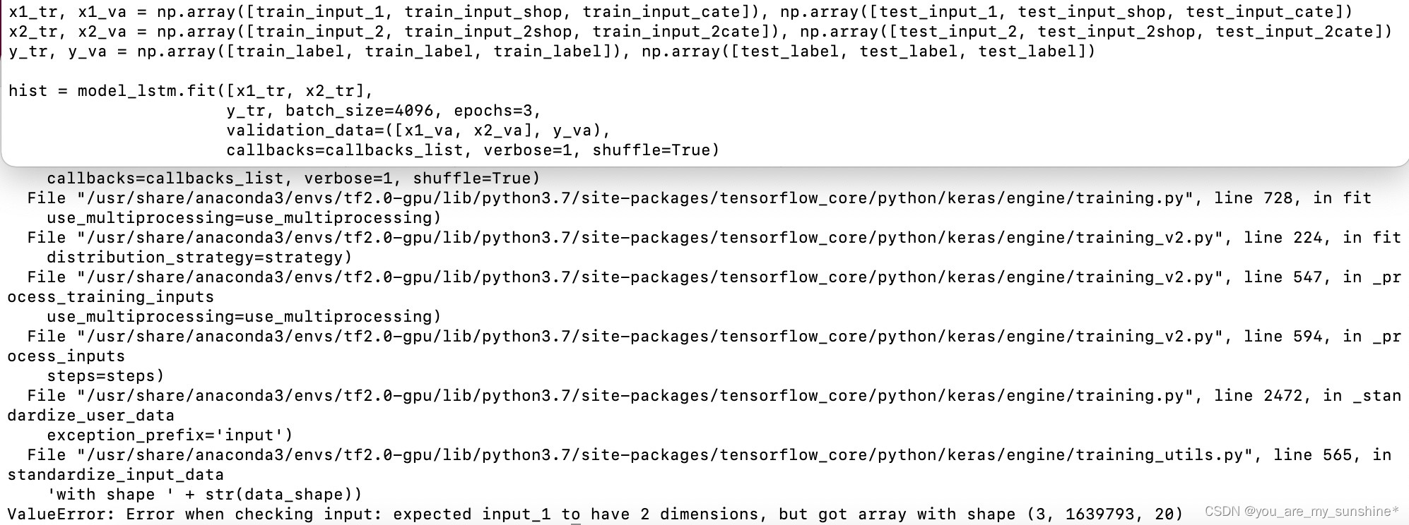 Error when checking input: expected input_1 to have 2 dimensions, but got array with shape (3, 6 ...