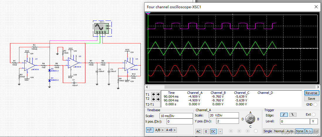 Multisim14.0仿真应用设计（一百二十二）基于LM741运算放大器的方波、三角波、正选波发生器应用设计仿真_lm741在multisim哪里-CSDN博客
