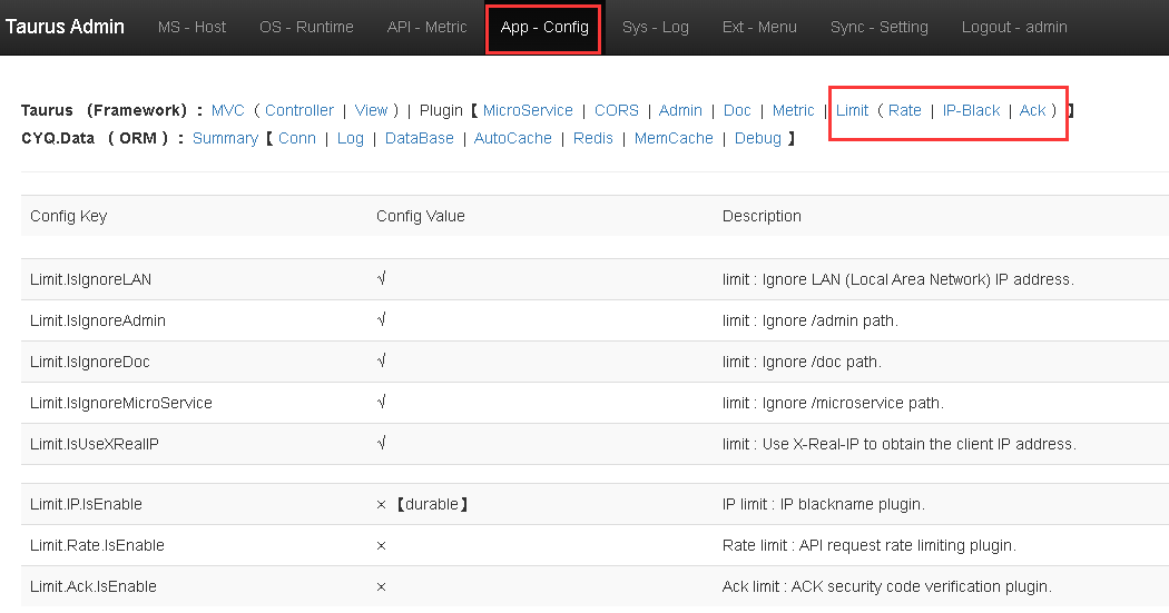 Taurus .Net Core 微服务开源框架：Admin 插件【4-8】 - 配置管理-Mvc【Plugin-Limit 接口访问限制、IP限制、Ack限制】_开源 netcore mvc ...