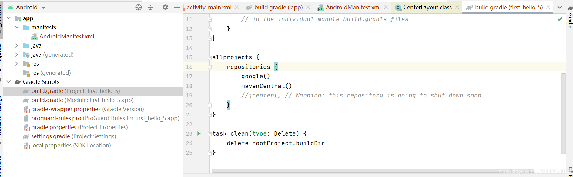 Android Studio Gradle: Please remove usages of `jcenter()` Maven repository from your build ...