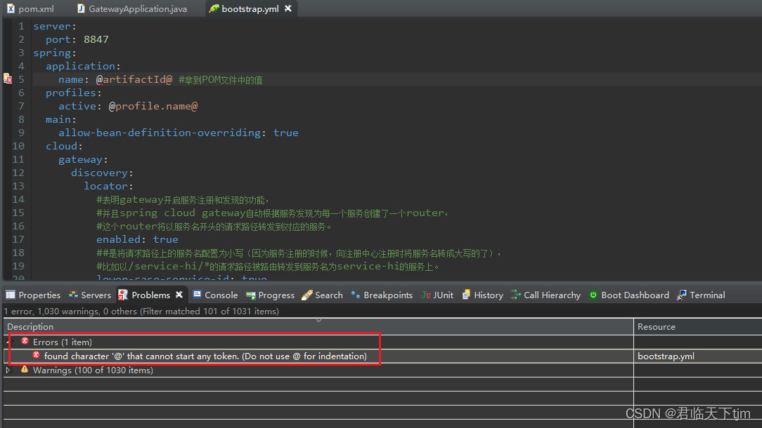 报错：found character ‘@‘ that cannot start any token. (Do not use @ for indentation) bootstrap.yml ...