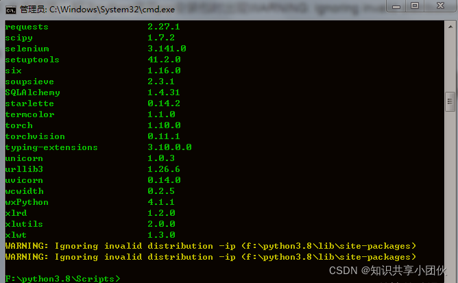 解决python使用pip安装包时出现WARNING: Ignoring invalid distribution -ip (f:\python3.8\lib\site-packages)的 ...