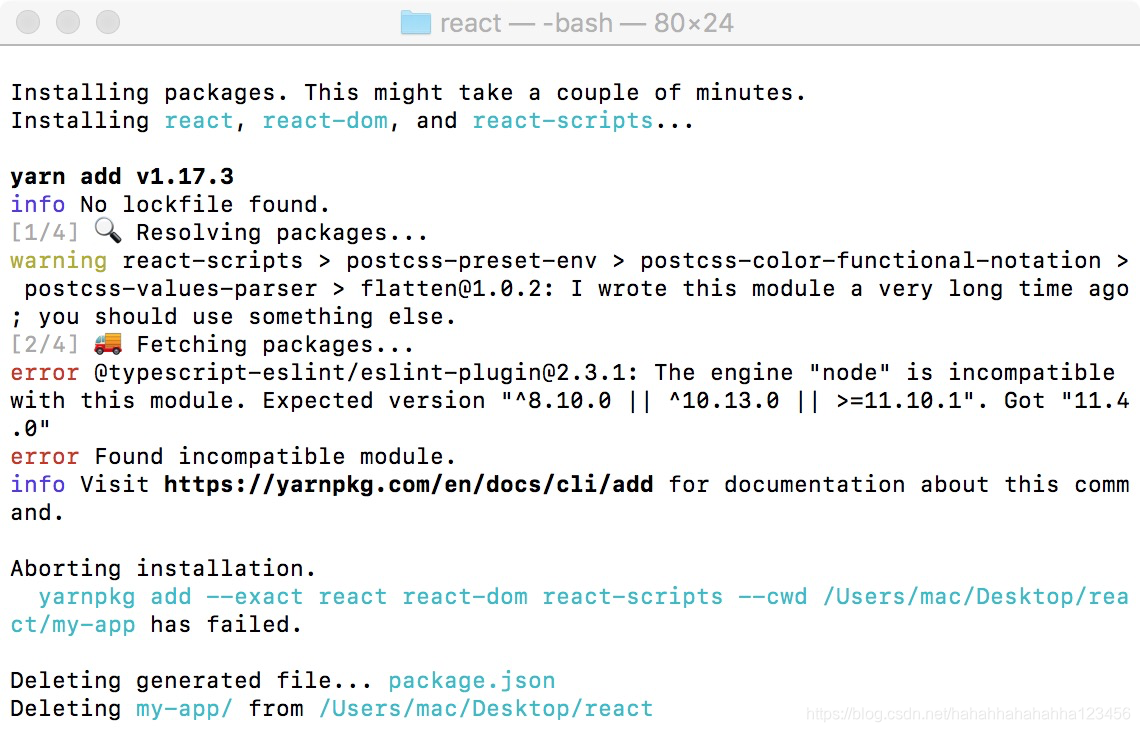 yarn create react-app my-app(mac)不成功_yarn create electron-app my-app 为什么会失败-CSDN博客