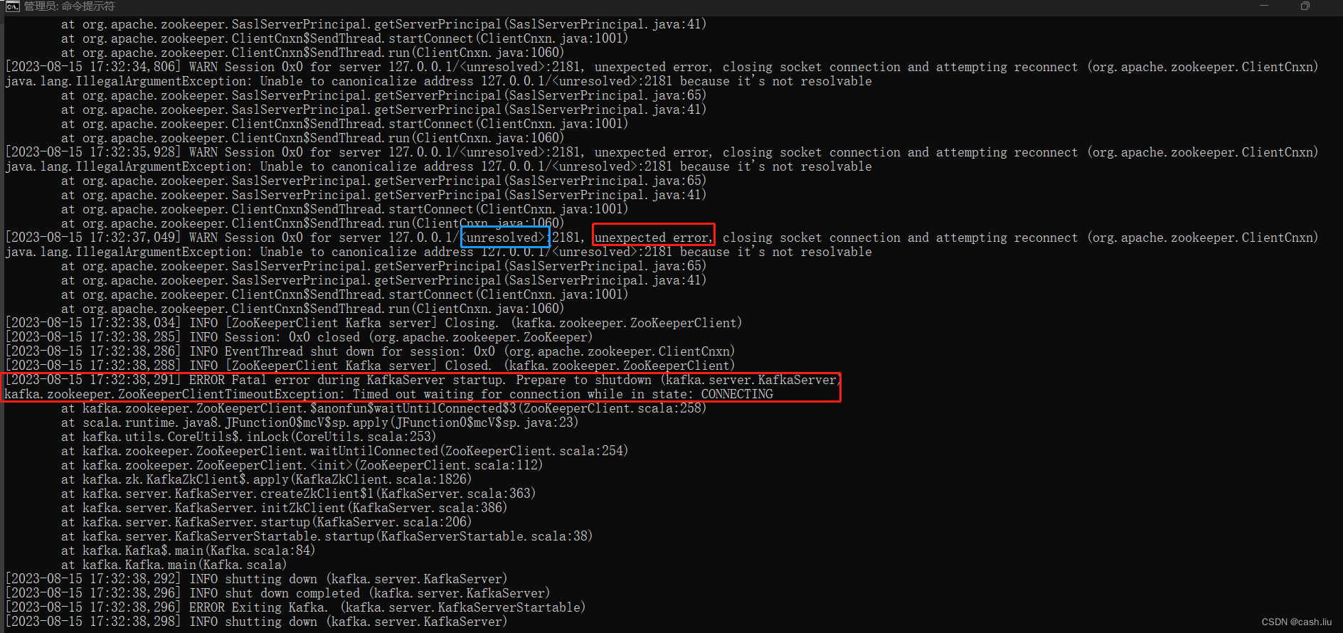 【Kafka超时问题（已解决），kafka.zookeeper.ZooKeeperClientTimeoutException: Timed out waiting for ...