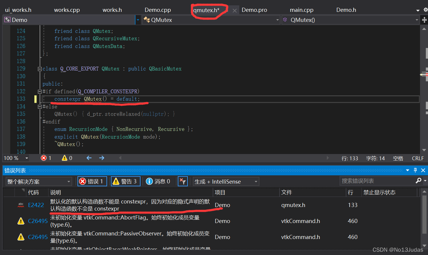 qmutex.h文件默认构造函数里constexpr类型报错解决_默认化的默认构造函数不能是 constexpr,因为对应的隐式声明的默认构造函数不会是-CSDN博客