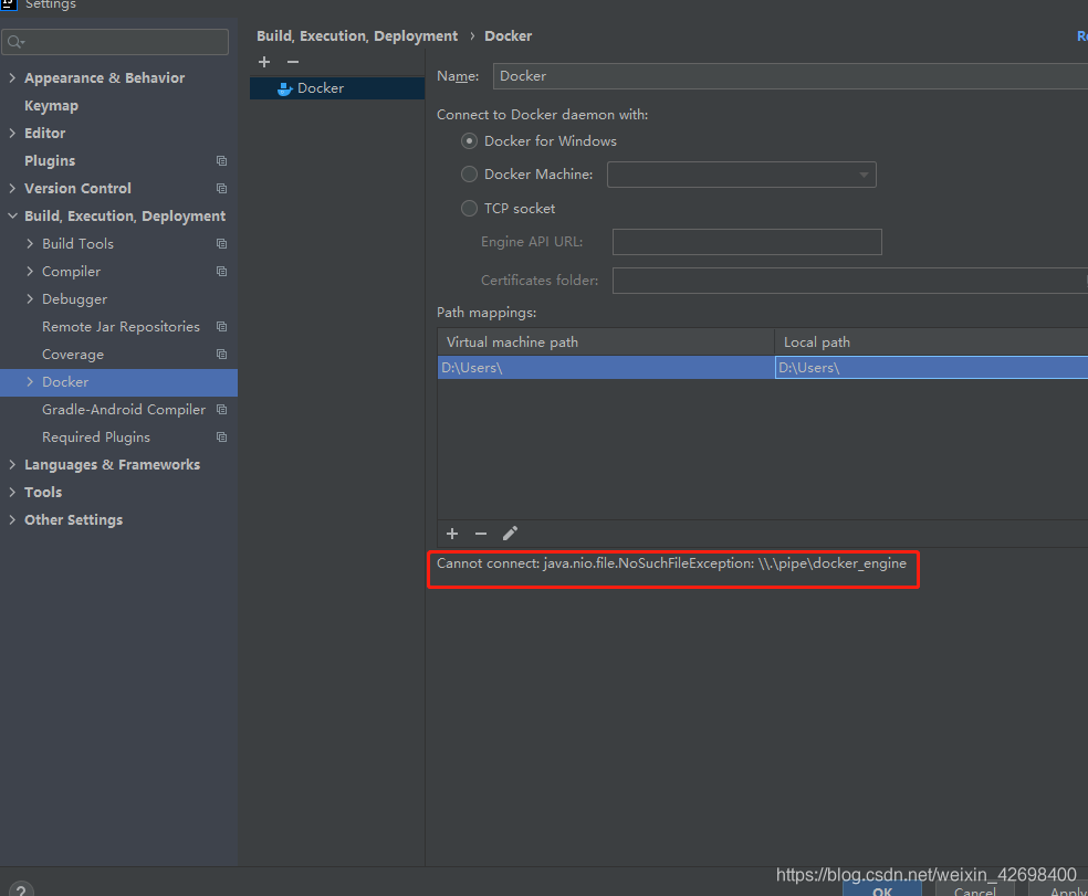 idea安装docker报错 java.nio.file.NoSuchFileException: \\.\pipe\docker ...